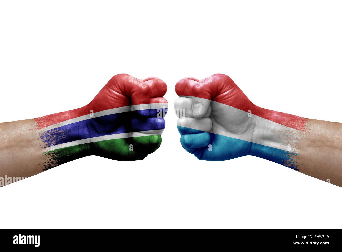 Two hands punch to each others on white background. Country flags ...