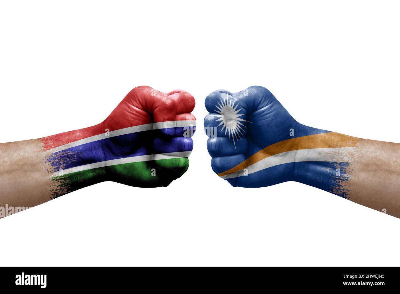Two hands punch to each others on white background. Country flags ...