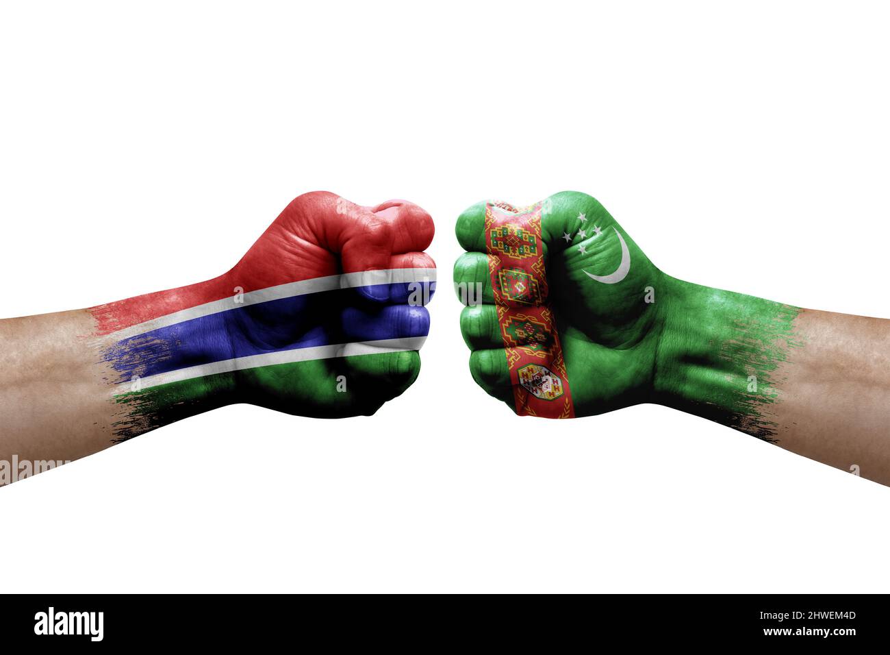 Two hands punch to each others on white background. Country flags ...
