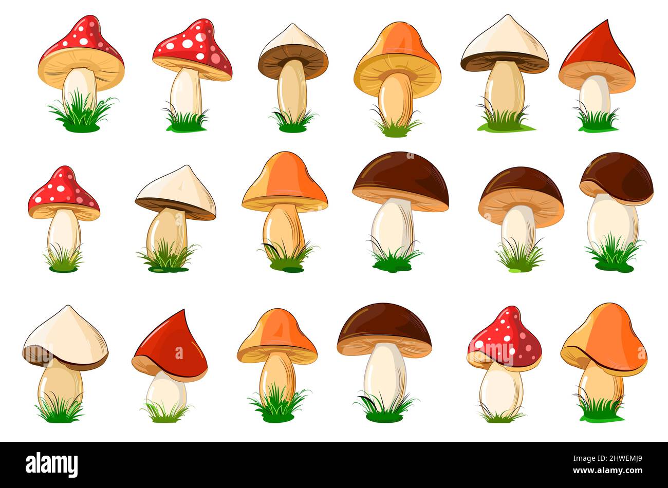 Big set of different colored mushrooms in cartoon style. Objects ...