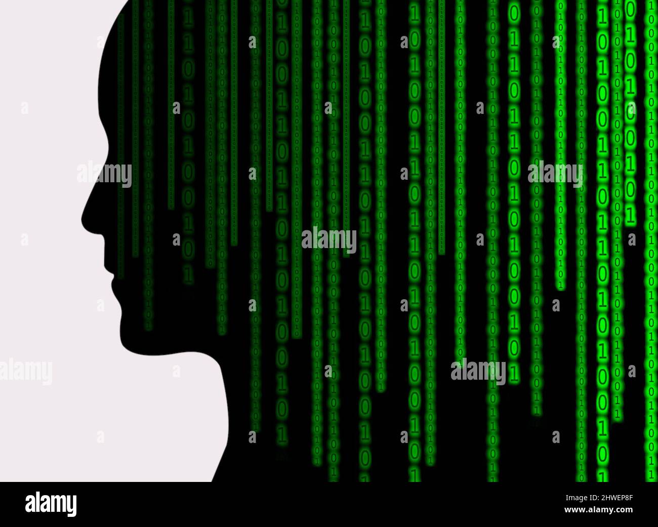 Silhouette of a human face with green pattern of binary code Stock ...