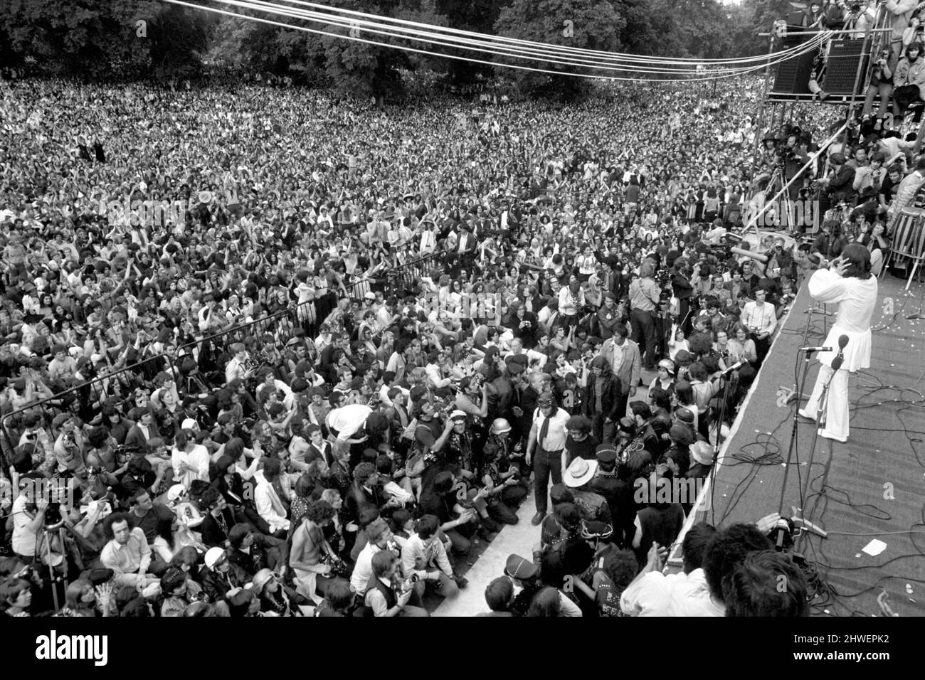 The Rolling Stones on stage at their free concert in London's Hyde Park ...