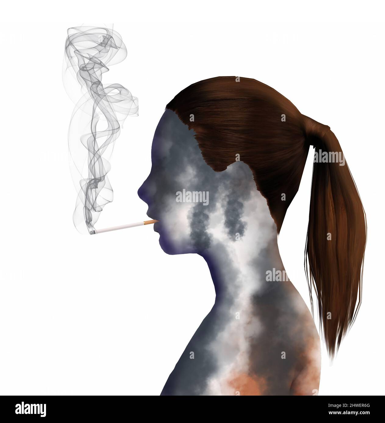 A young woman smokes a cigarette is her body and lungs fill with smoke ...