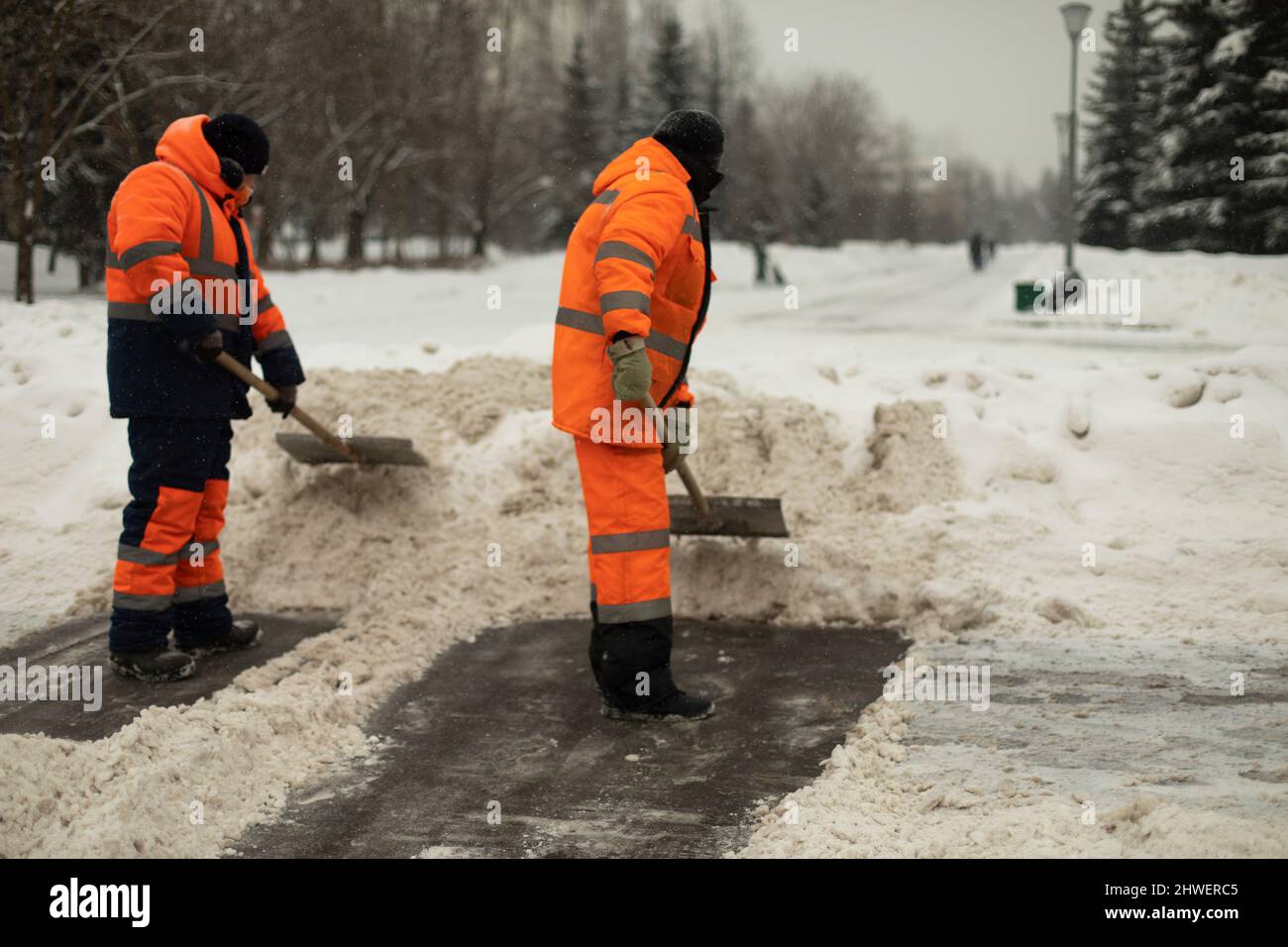 Workers are clearing snow. Men shovel clear road of snow. Communal ...