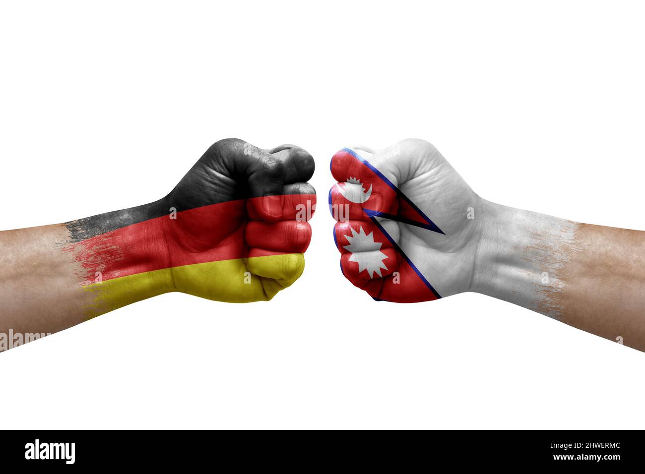 Two hands punch to each others on white background. Country flags ...