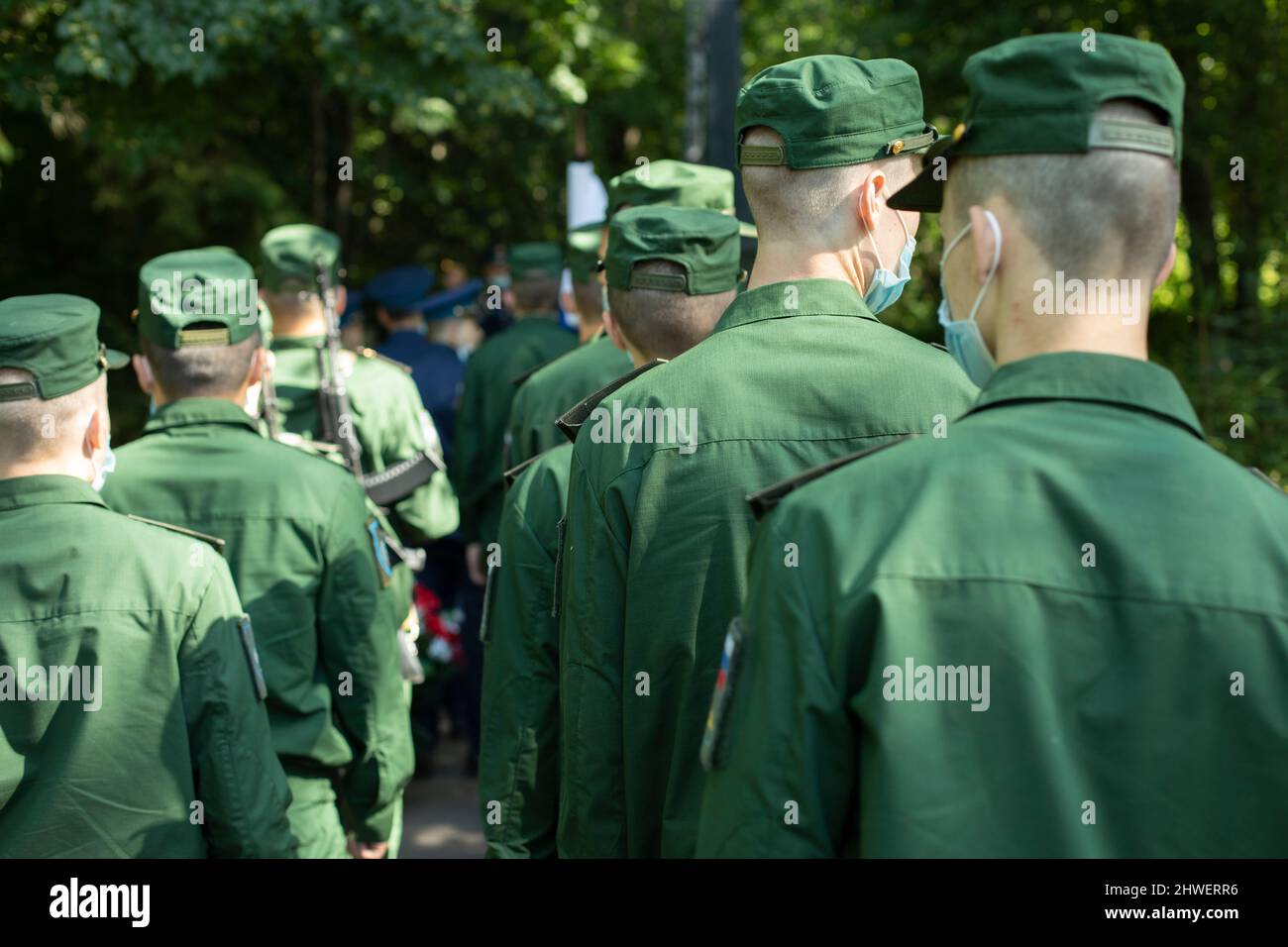 Soldiers in Russia. Military stands in row. Conscript soldiers in ...