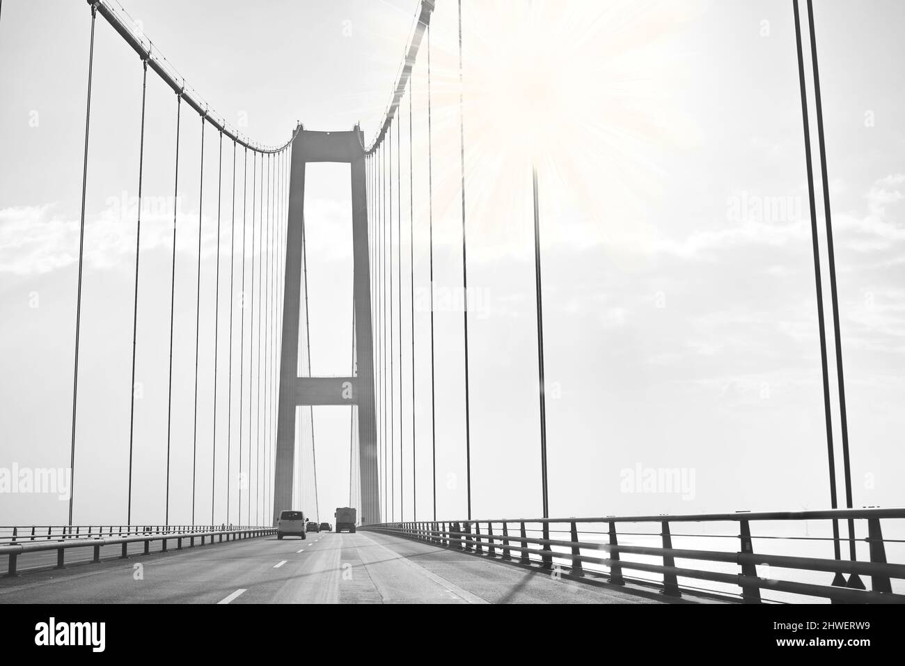 Storebaelt (or The Great Belt) suspension bridge in Denmark. Cars ...