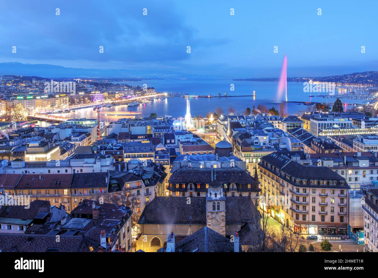 Aerial view of Geneva (Geneve, Genf) at sunset from the north tower of ...