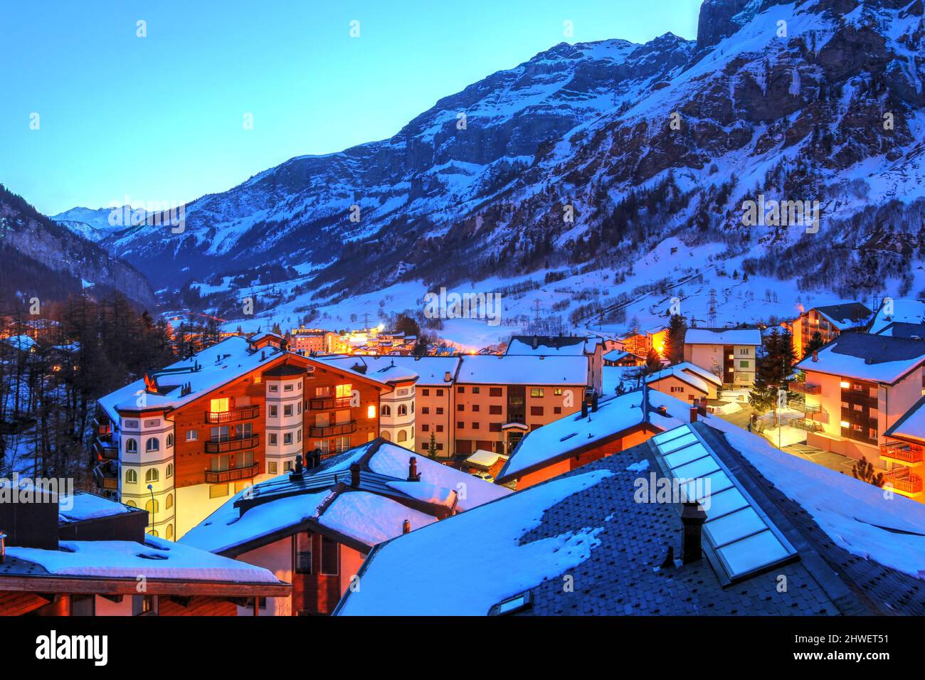 Snow covered winter night in the resort town of Leukerbad in Leuk ...