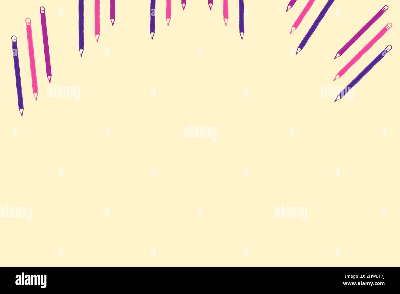 Colored lead pencils as a top border on blank paper with room with text ...