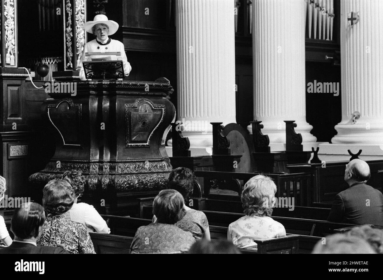 Television chef, Fanny Cradock, speaking from the pulpit, St Mary ...