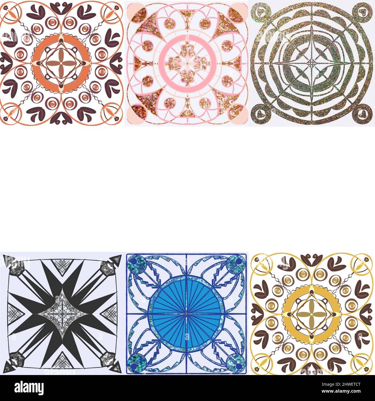 A collection of hand painted geometric design tiles in a circular ...