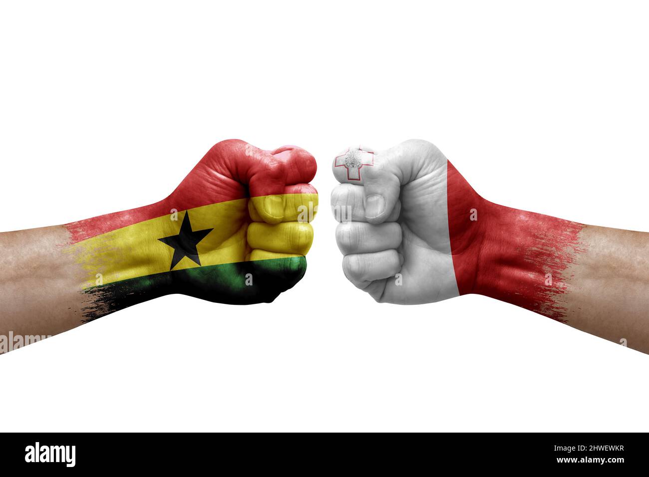 Two hands punch to each others on white background. Country flags ...