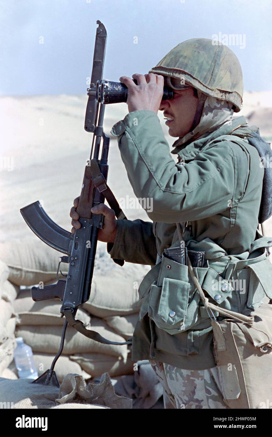 An Egyptian soldier watches the Kuwaiti border for Iraqi troops along ...