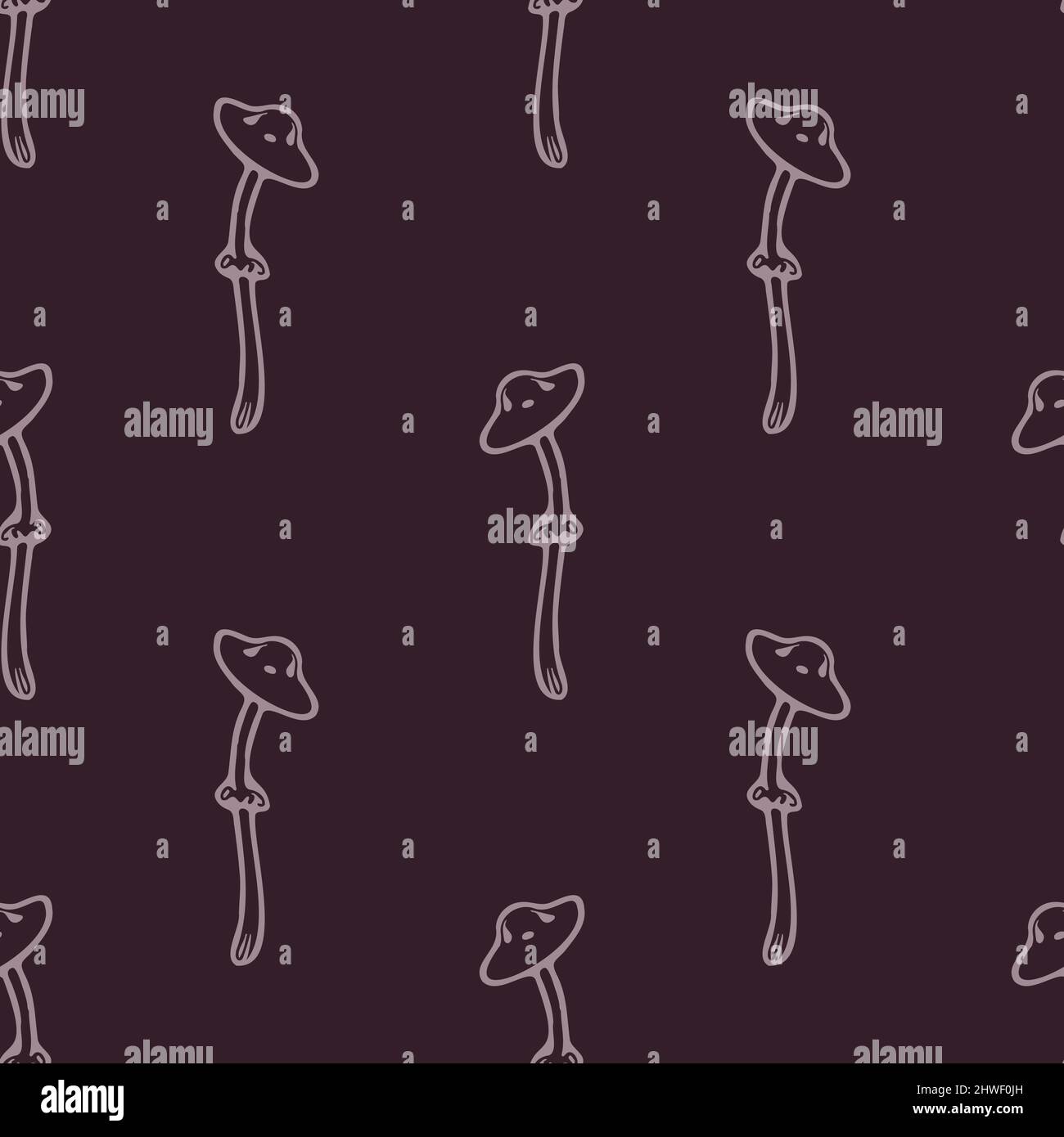 Hand drawn wild mushroom vector pattern. Seamless trendy purple biology ...
