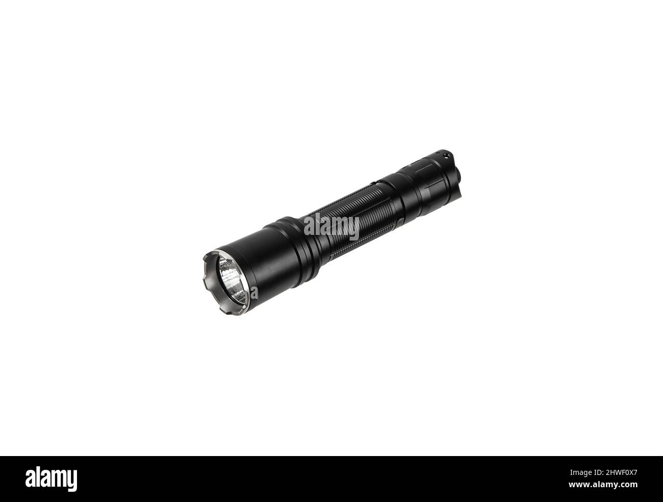 Modern metal LED flashlight in black color. Portable flashlight isolate ...