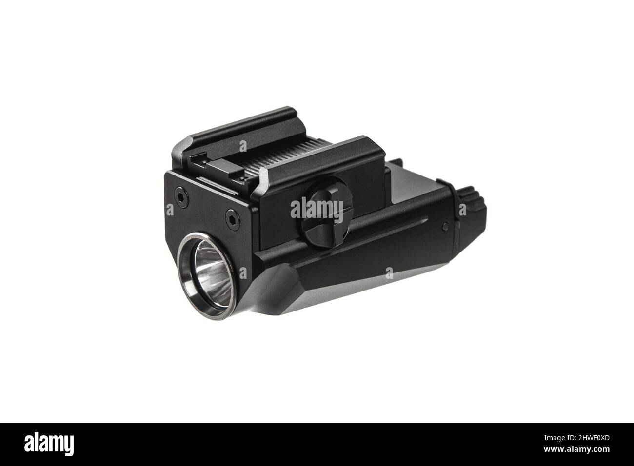 Special weapon flashlight with mount. Modern metal LED flashlight in ...