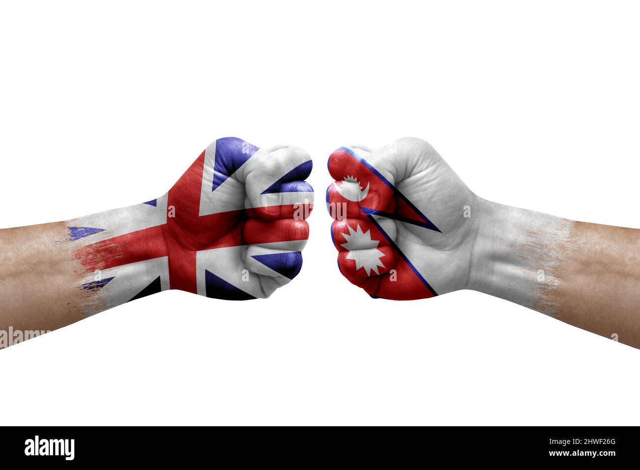 Two hands punch to each others on white background. Country flags ...