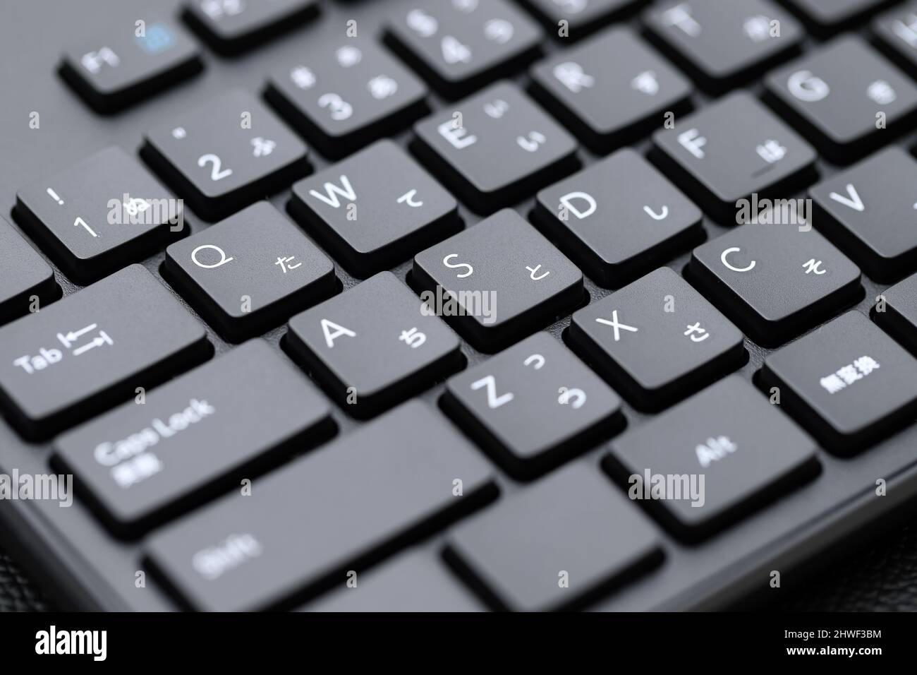 Close up of computer keyboard. Alphabetics and Japanese hiragana typing ...