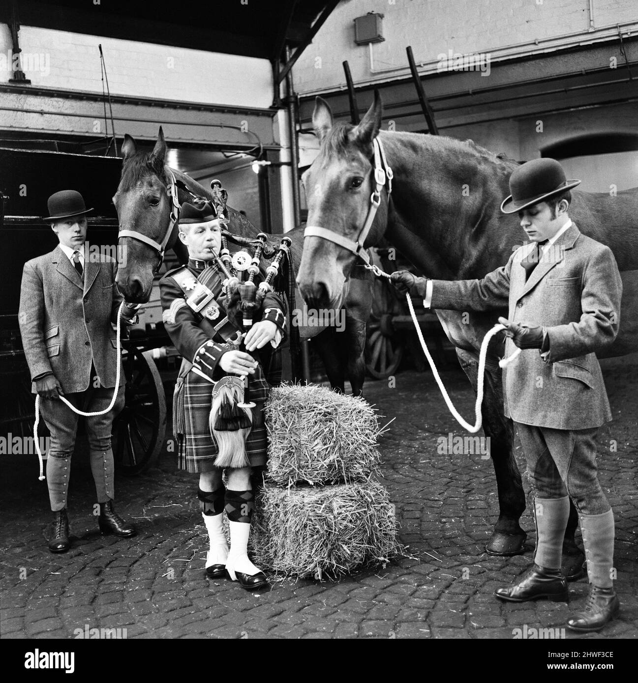Piper Mitch Mitchinson plays bagpipes to Newcastle Brewery dray horses ...