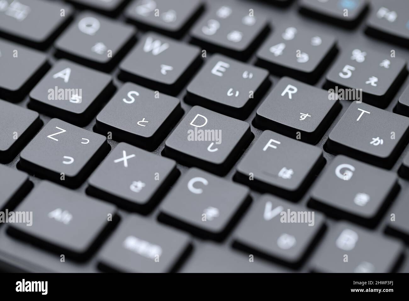 Close up of computer keyboard. Alphabetics and Japanese hiragana typing ...