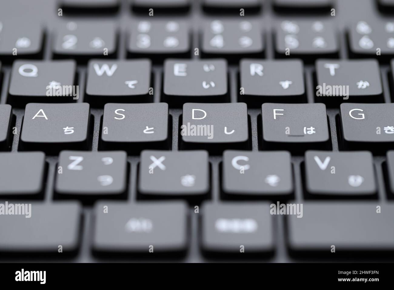 Close up of computer keyboard. Alphabetics and Japanese hiragana typing ...
