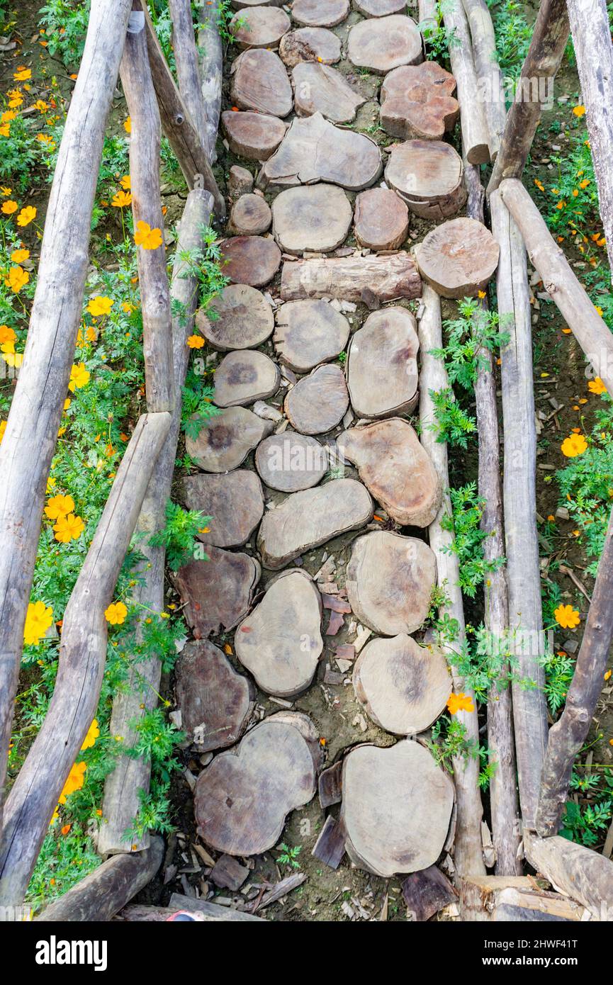 Park walkway made of natural round wooden logs. Wood paving Stock Photo ...