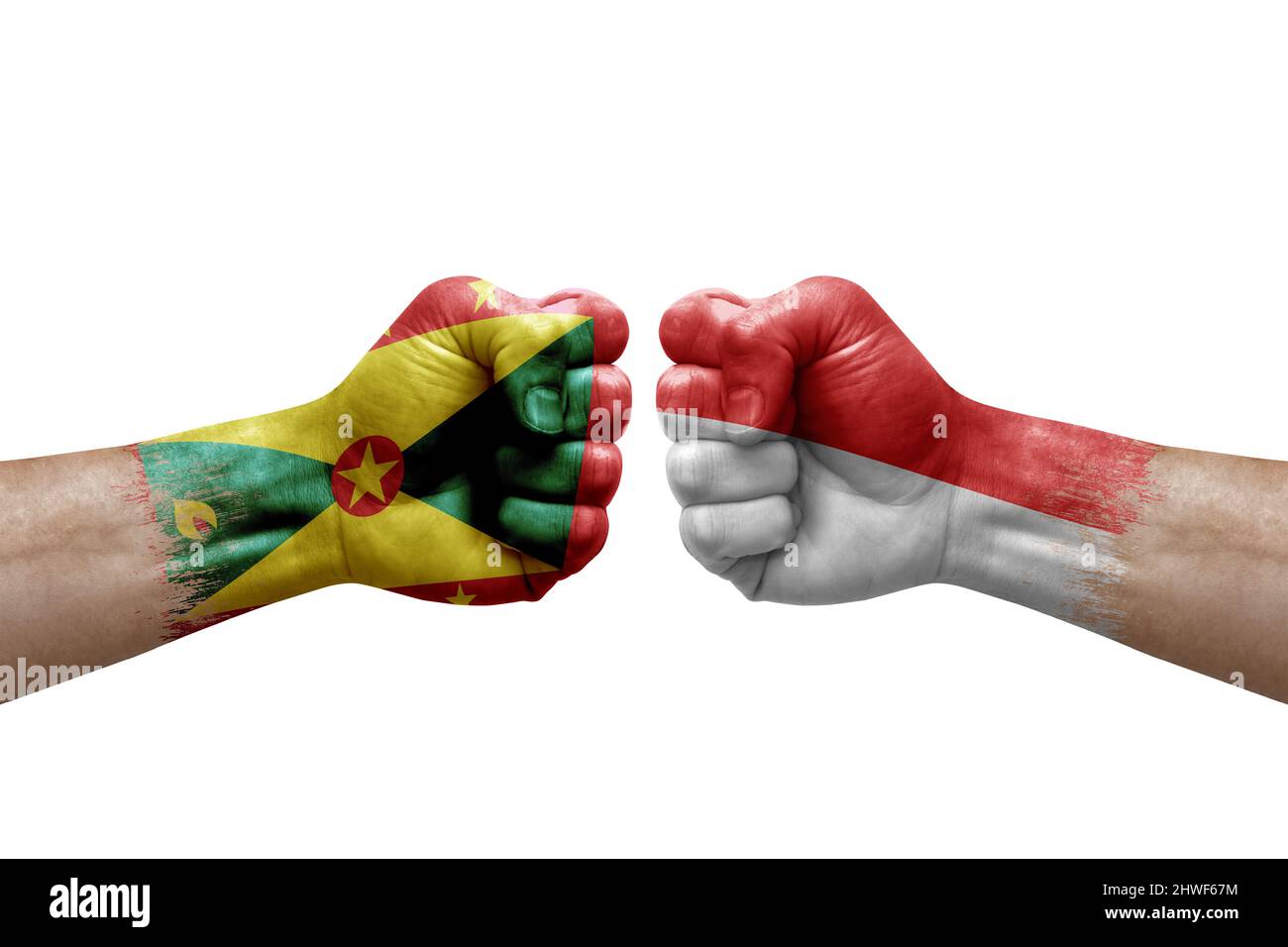 Two hands punch to each others on white background. Country flags ...