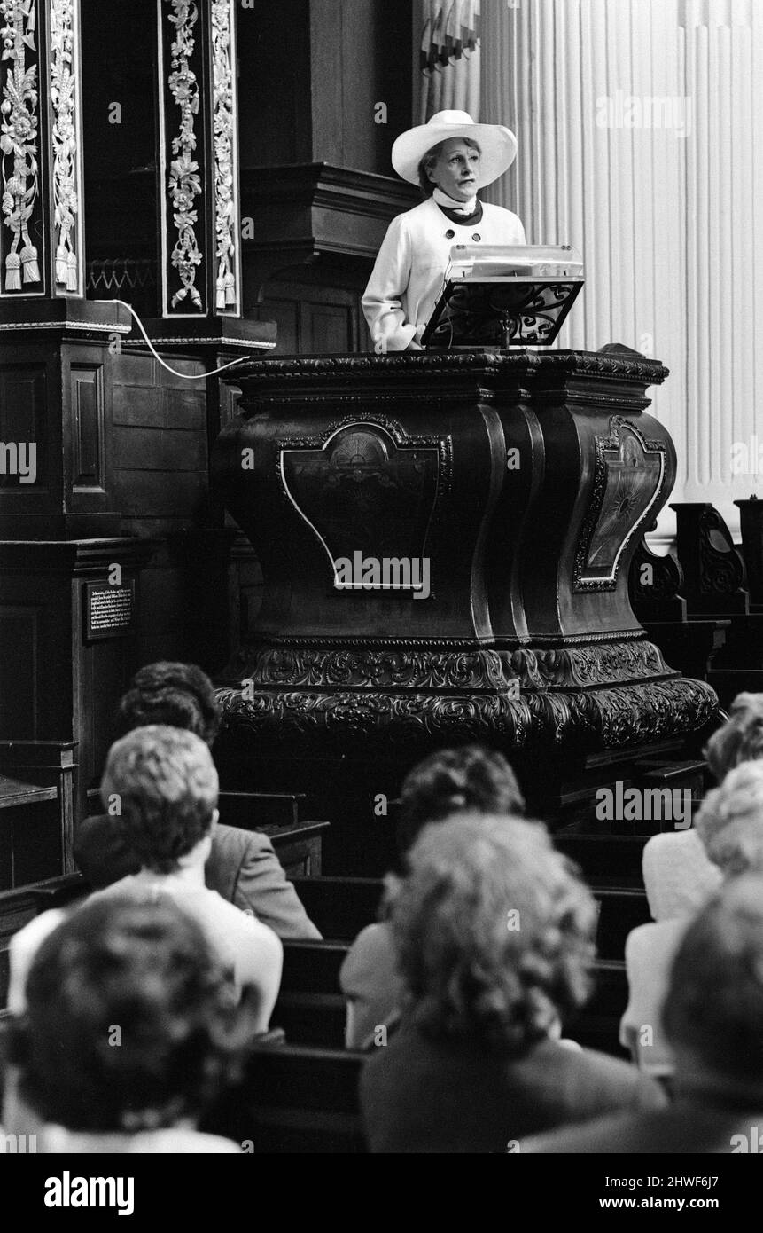 Television chef, Fanny Cradock, speaking from the pulpit, St Mary ...