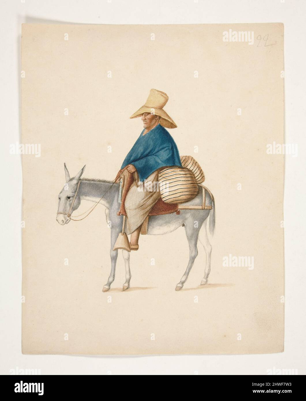 Man on Mule with Loaded Saddlebacks. Artist, possibly by: Pancho ...