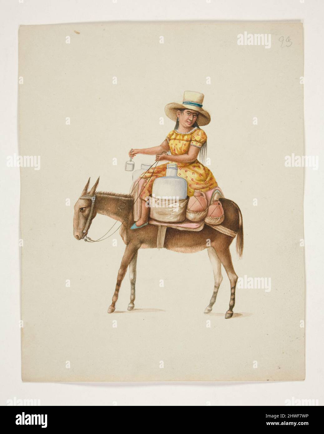 Woman on Mule Carrying Jars. Artist, possibly by: Pancho (Francisco ...