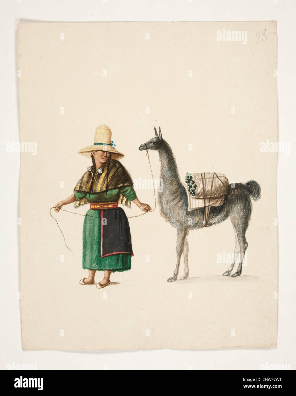 Indian Woman and Llama. Artist, possibly by: Pancho (Francisco) Fierro ...