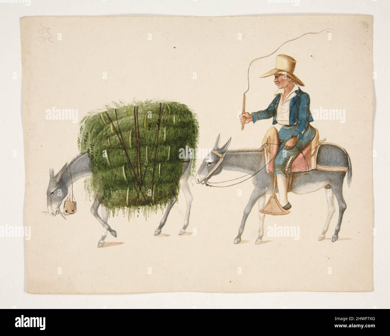 Boy on Mule driving another Mule loaded with Hay. Artist, possibly by ...