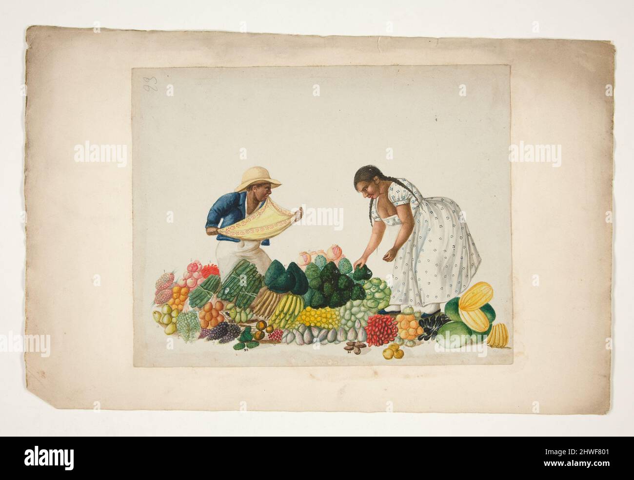 Fruit Market. Artist, possibly by: Pancho (Francisco) Fierro, Peruvian ...