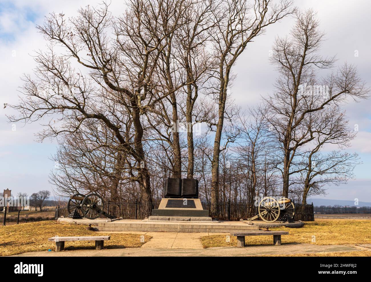 The Copse of Trees with a monument and cannons on the Gettysburg ...