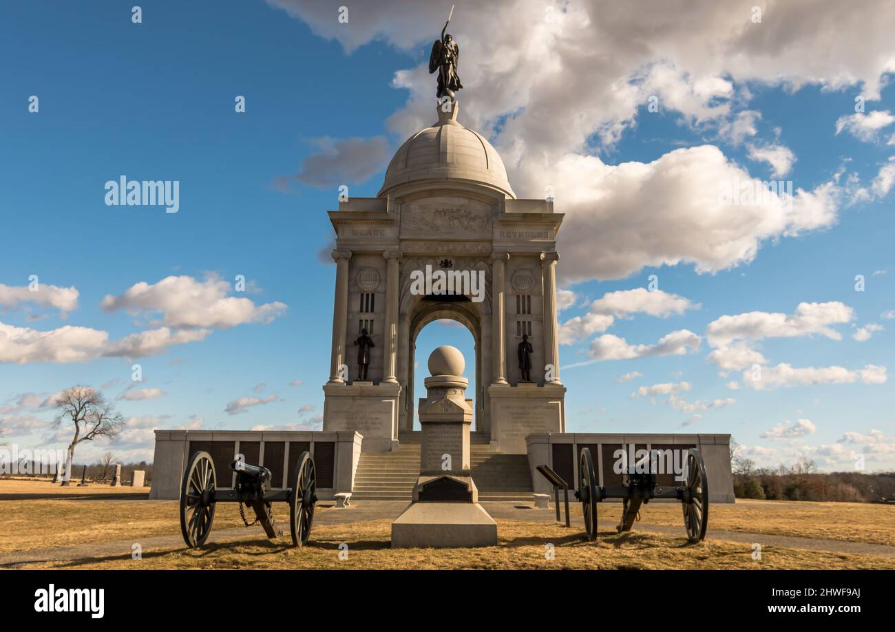The Pennsylvania State Monument and two civil war cannons on Hancock ...