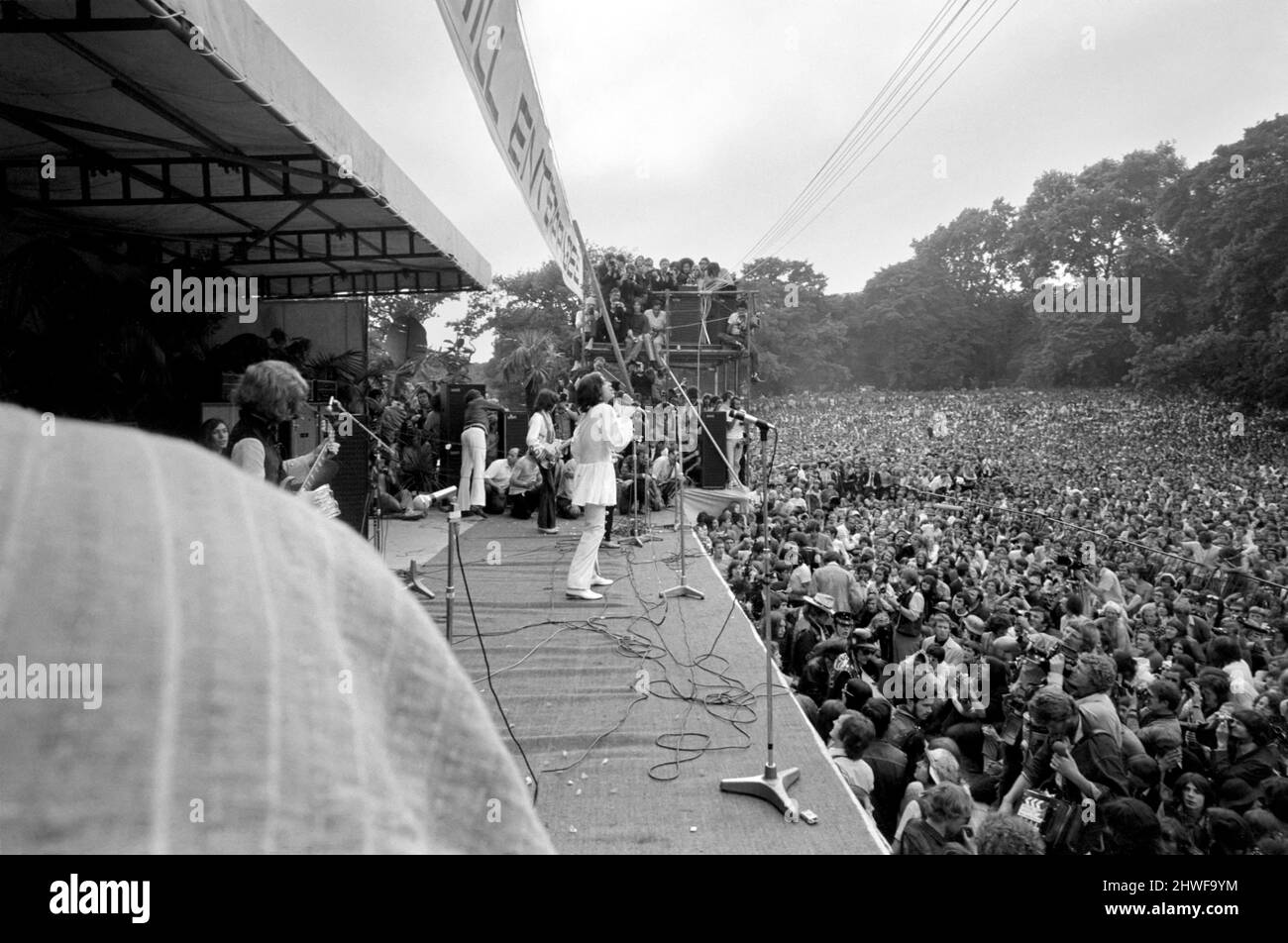 The Rolling Stones on stage at their free concert in London's Hyde Park ...