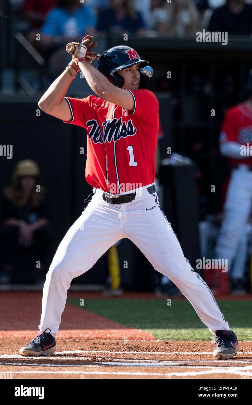MARCH 05, 2022: Ole Miss Second baseman Peyton Chatangier (#1) stands ...