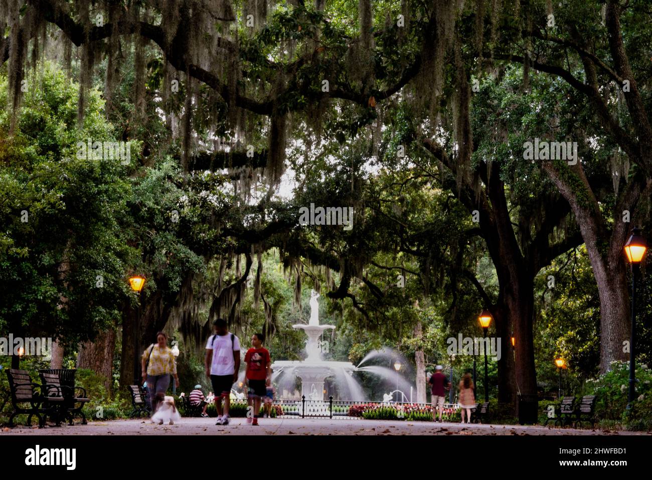 Forsyth Park fountain and Spanish moss draped oak trees in Savannah ...