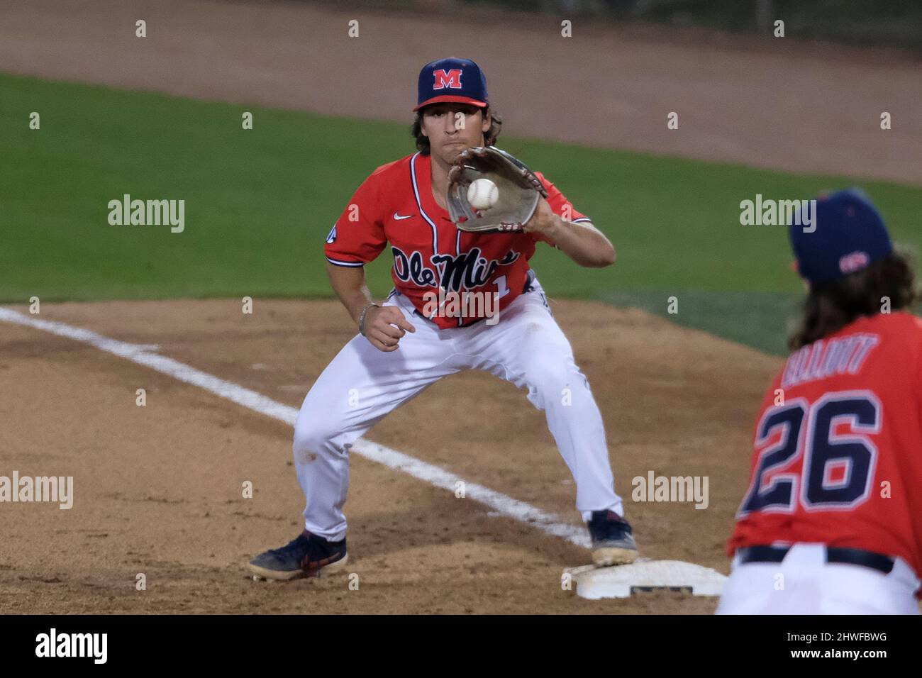 MARCH 05, 2022: Ole Miss Second baseman Peyton Chatangier (#1) catches ...