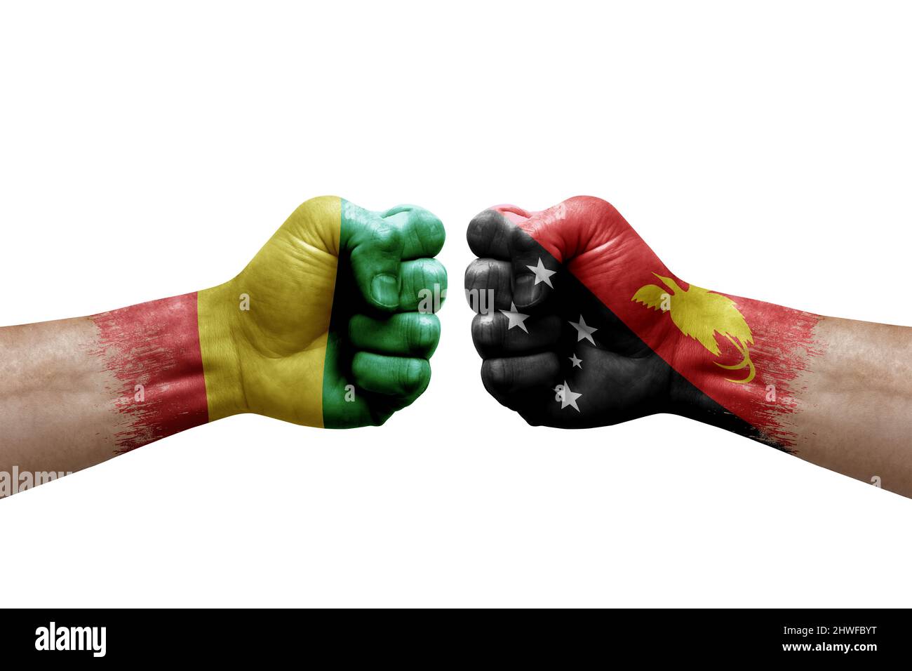 Two hands punch to each others on white background. Country flags ...