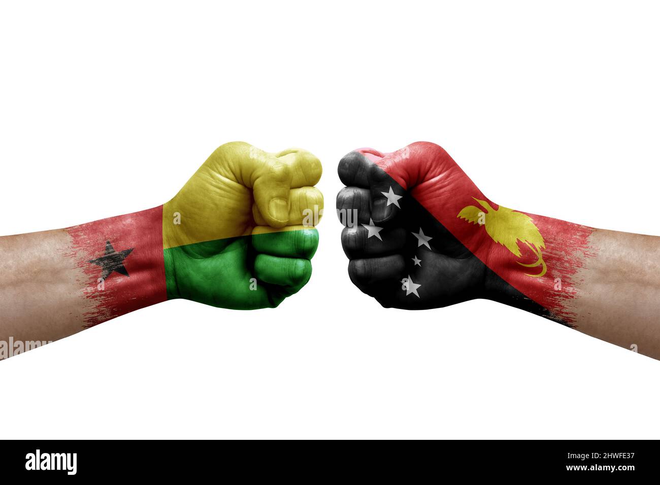 Two hands punch to each others on white background. Country flags ...
