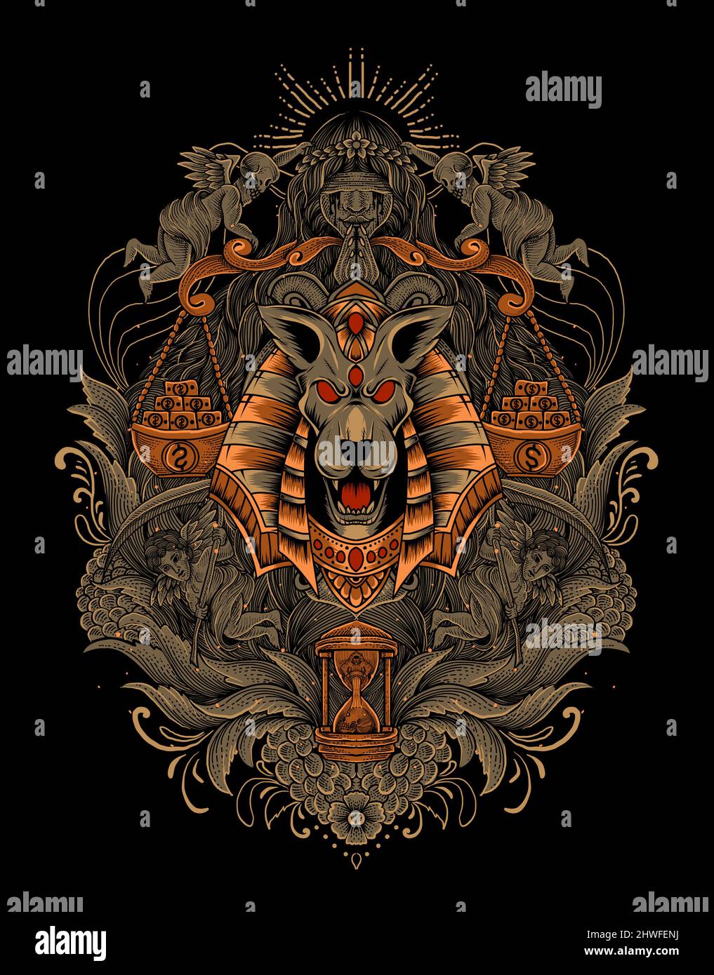 Illustration vector Ancient Egypt Anubis god with engraving ornament ...