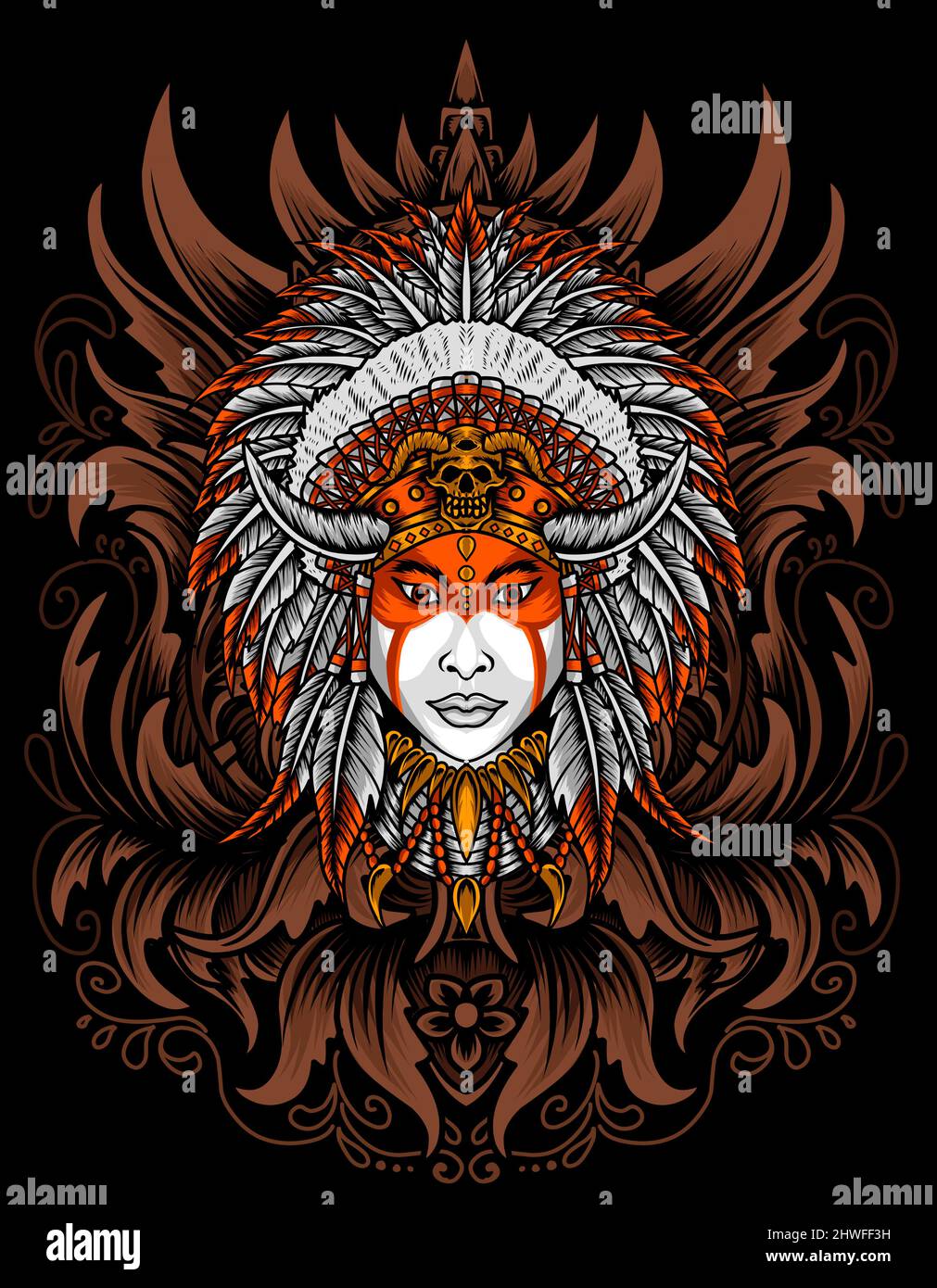 illustration vector indian apache woman with engraving ornament Stock ...