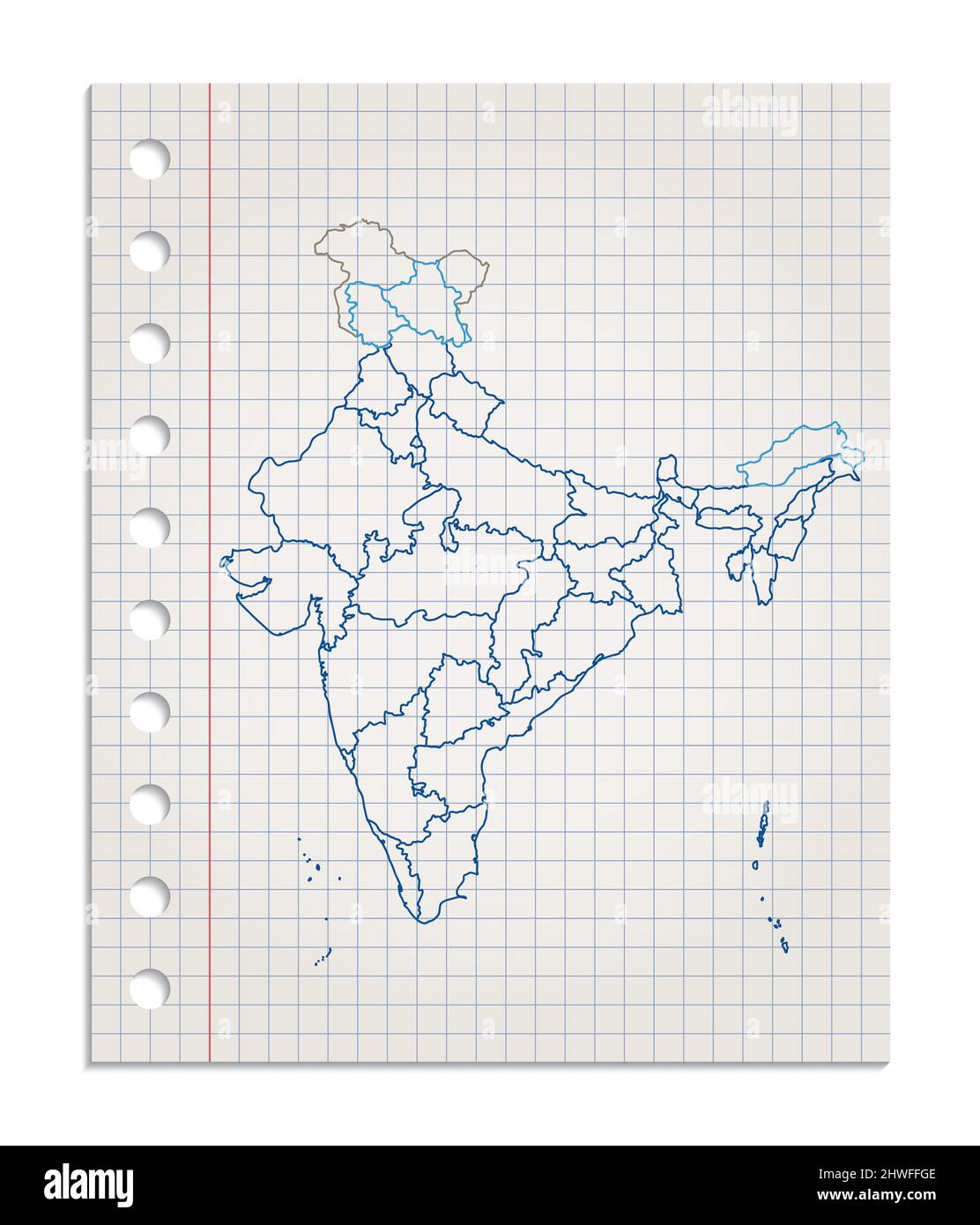 India map on a realistic squared sheet of paper torn from a block ...