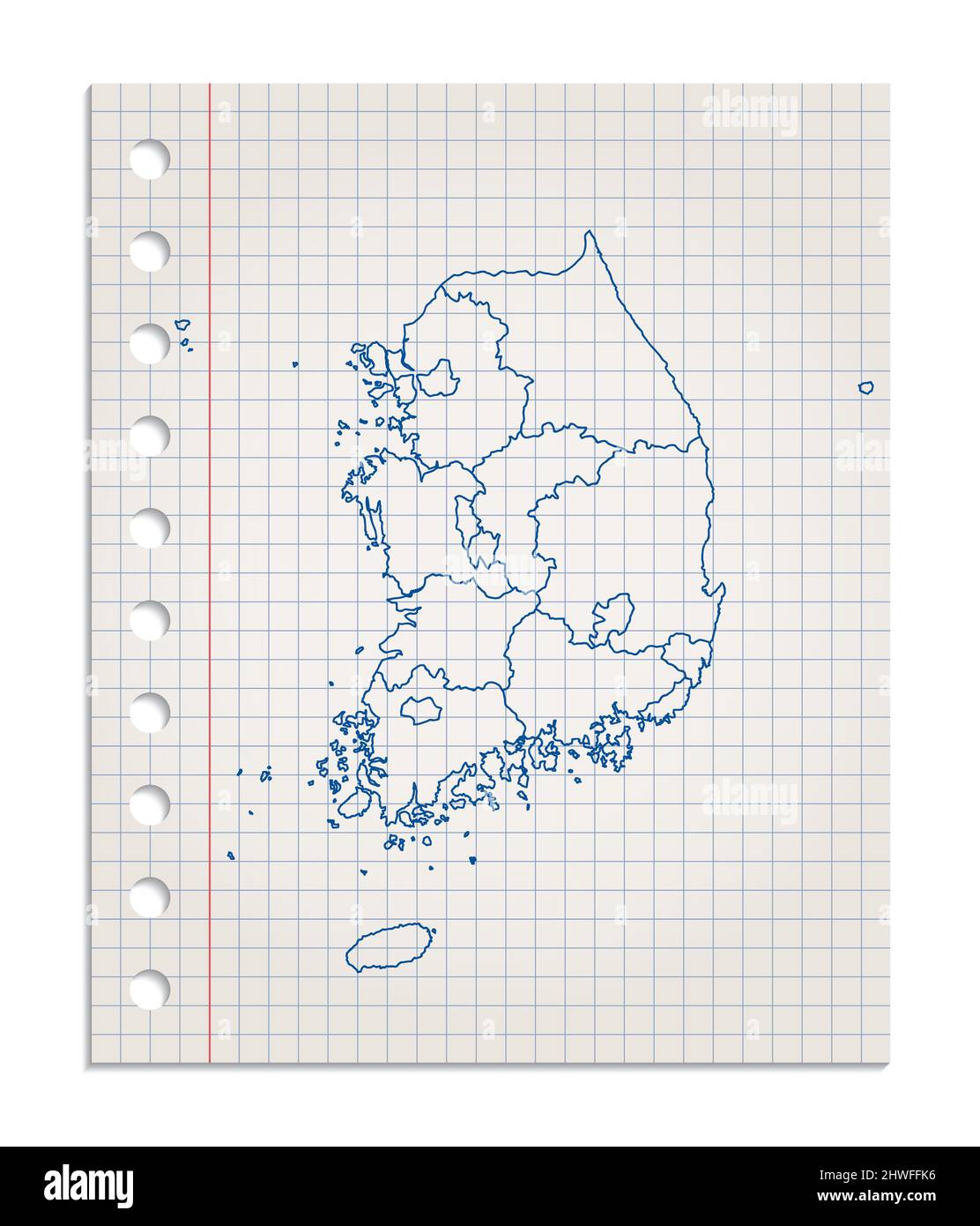 South Korea map on a realistic squared sheet of paper torn from a block ...