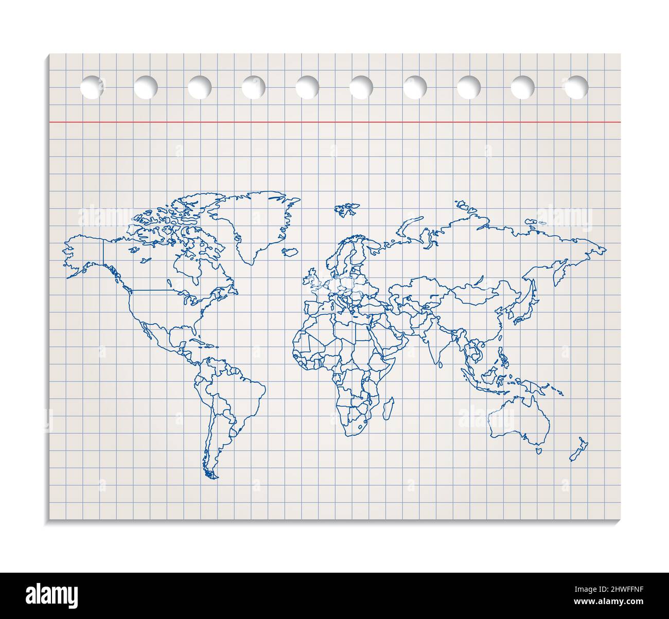 World map on a realistic squared sheet of paper torn from a block ...