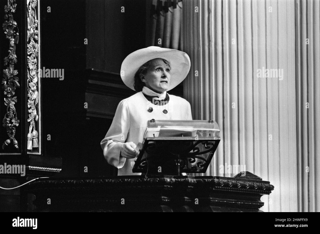 Television chef, Fanny Cradock, speaking from the pulpit, St Mary ...