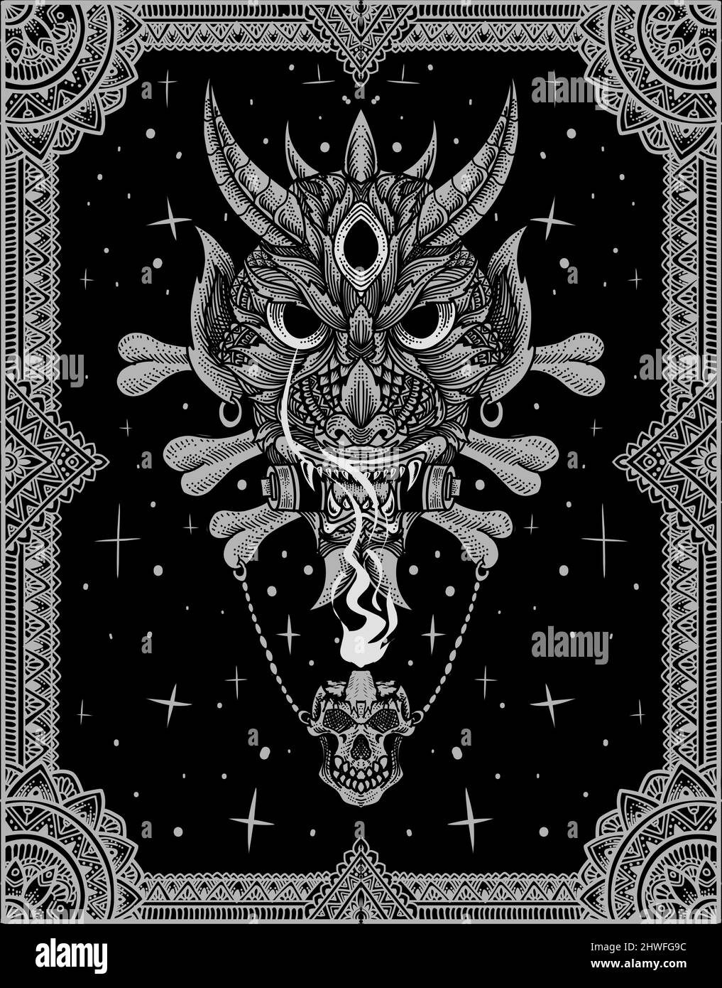 illustration vector oni mask with with engraving ornament style Stock ...