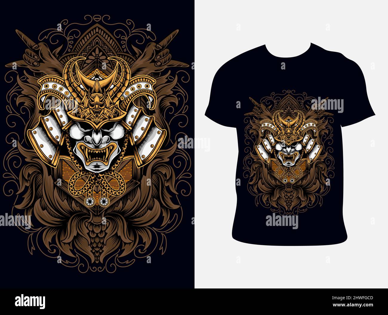 Illustration Vector Samurai Head With Vintage Engraving Ornament Stock